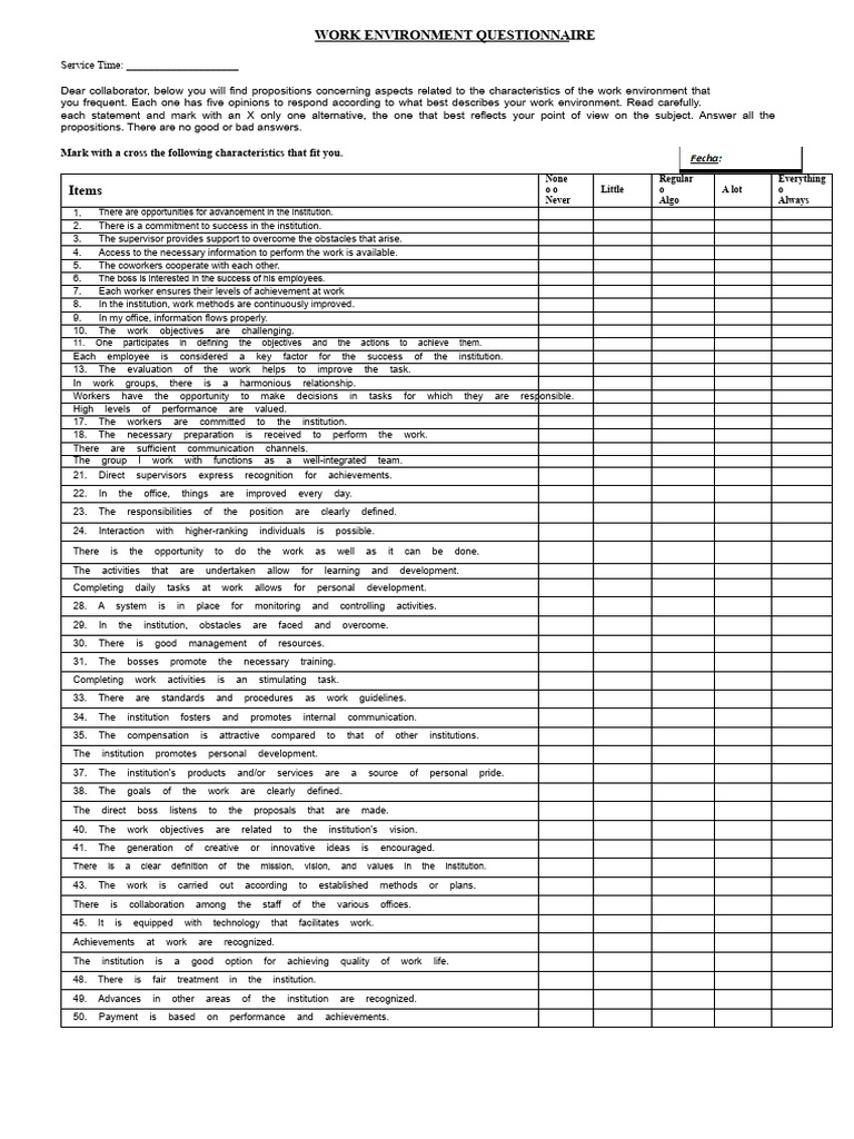 Work Environment Questionnaire | PDF | Job Satisfaction | Validity ...