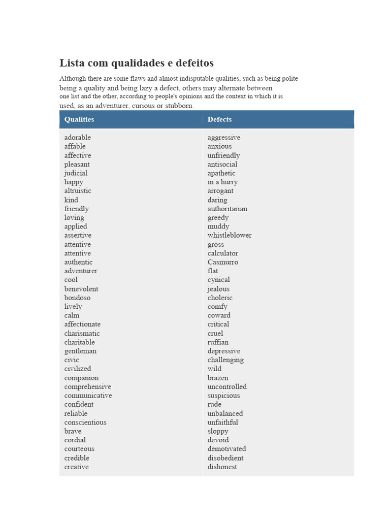 Qualities and Flaws List | PDF