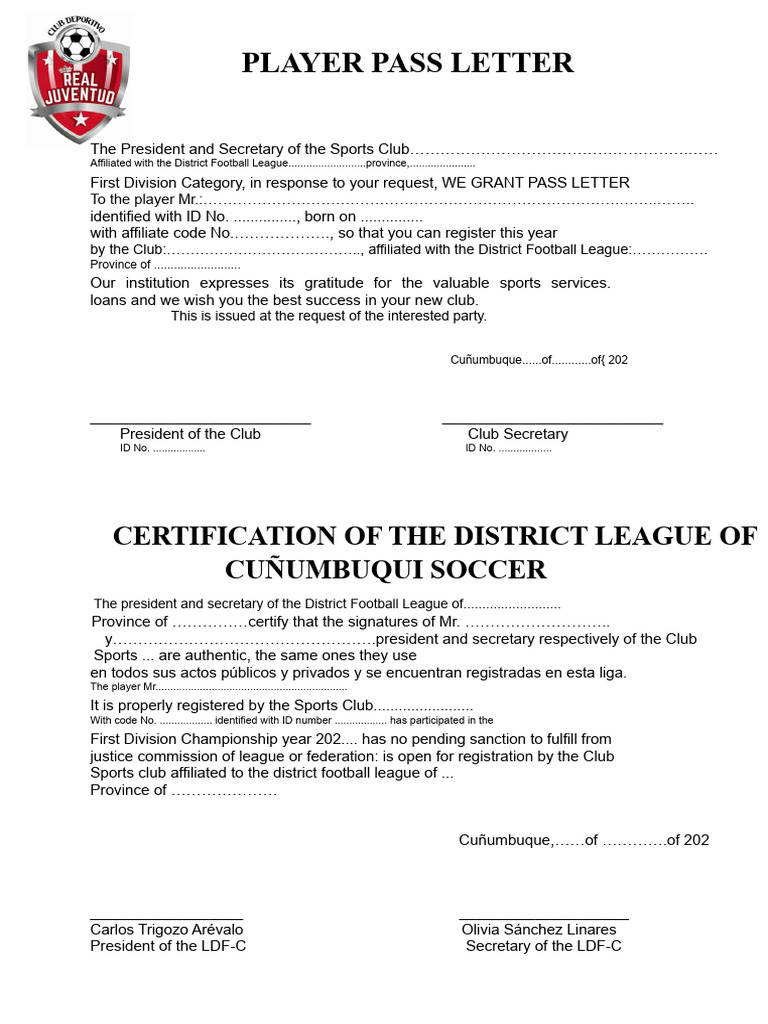 Player Pass Letter | PDF | Authentication