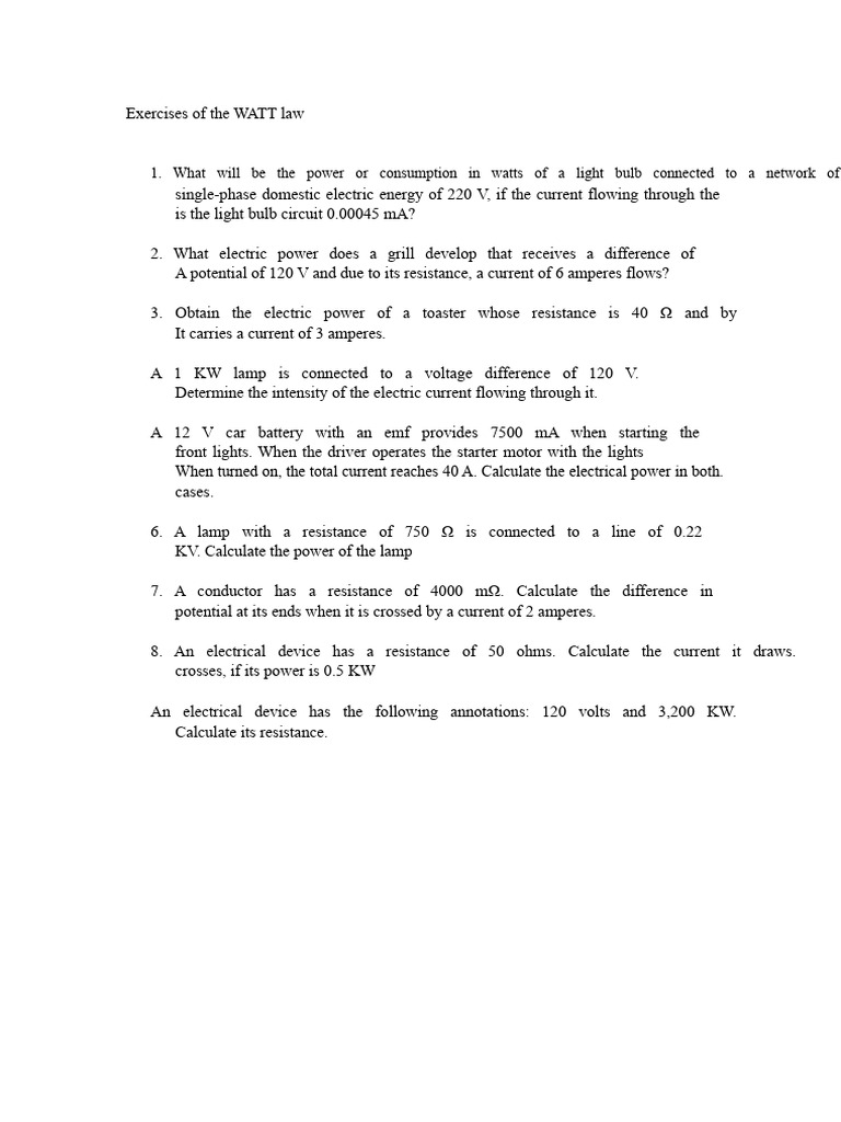 Watt's Law Exercises | PDF