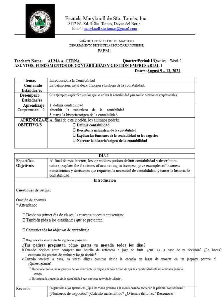 Guía de Aprendizaje para Maestros - FABM1 | PDF | Contabilidad ...
