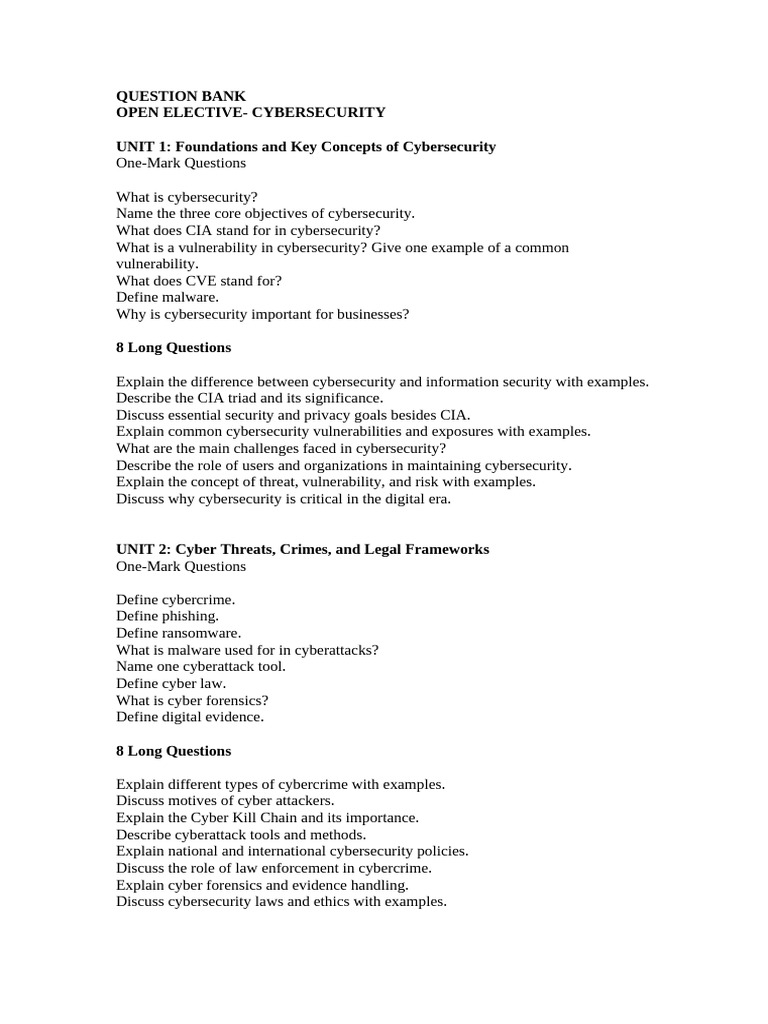 Cybersecurity Question Bank | PDF | Security | Computer Security