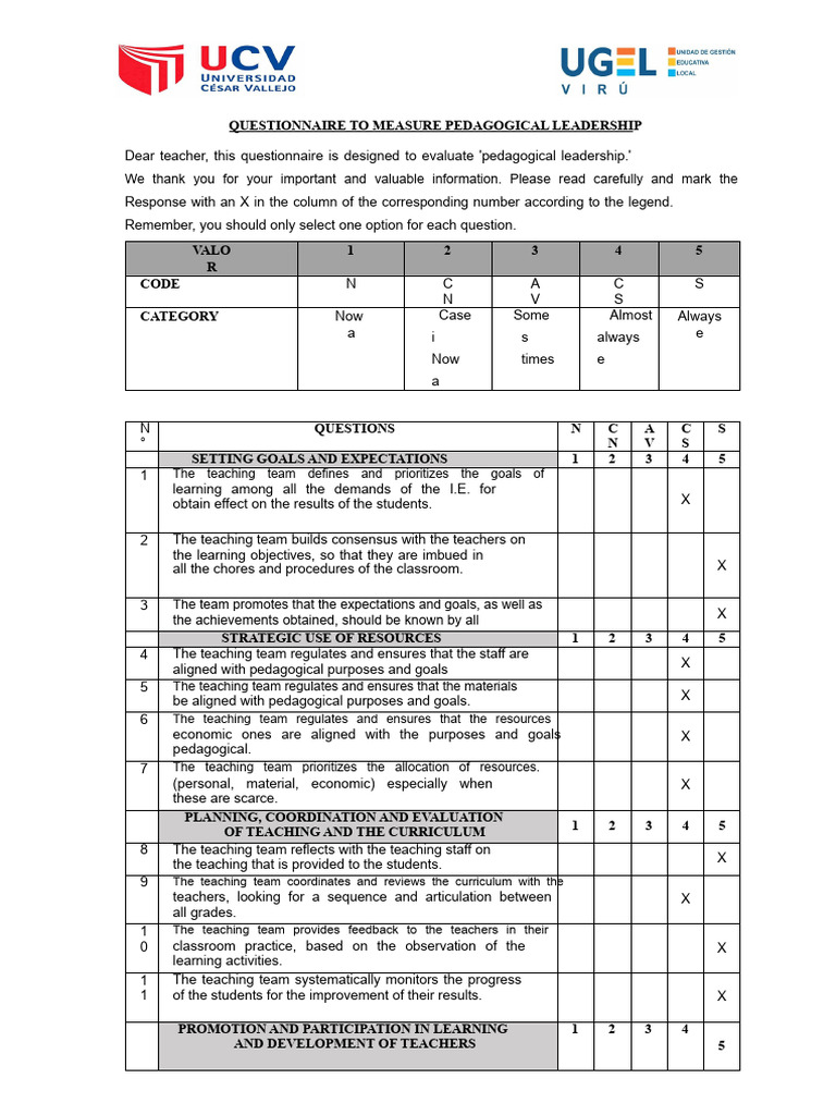 Questionnaire To Measure Pedagogical Leadership and Educational Quality ...