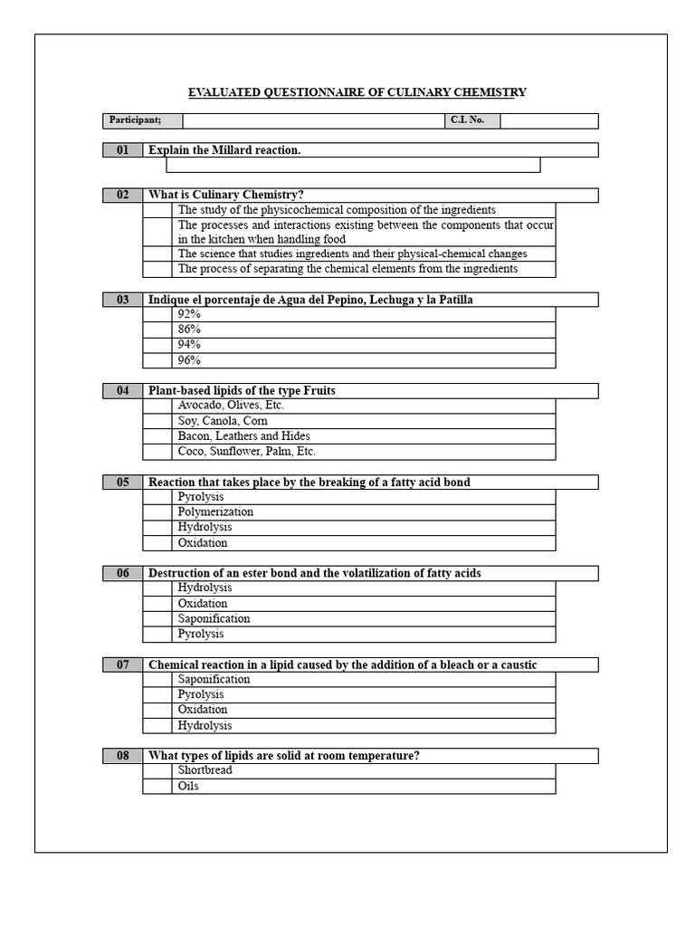 Evaluated Questionnaire of Culinary Chemistry | PDF | Foods | Lipid