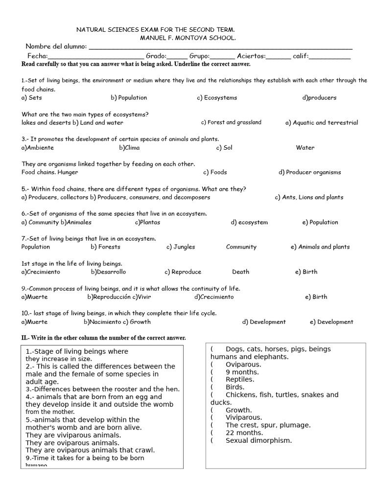 Natural Sciences Exam Corresponding To The II Semester | PDF ...