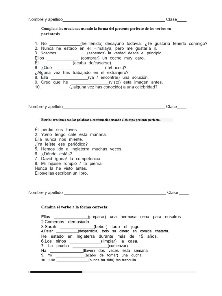 Ejercicios de Presente Perfecto en Español | PDF