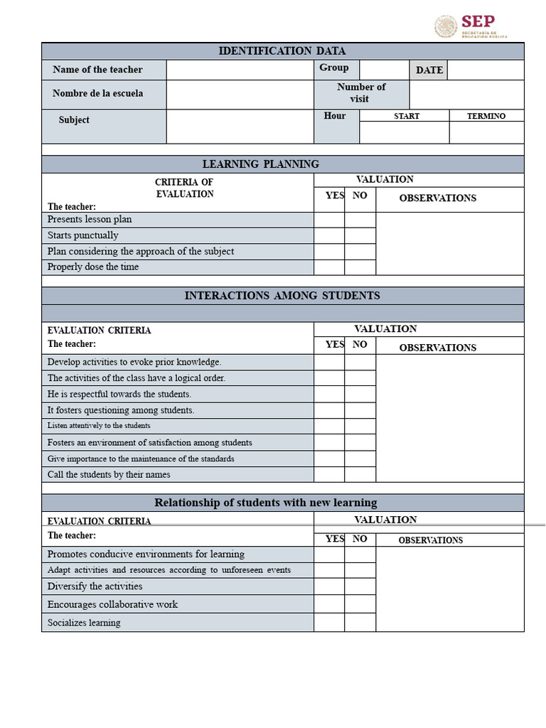Teacher Observation Evaluation Checklist | PDF | Teachers | Learning