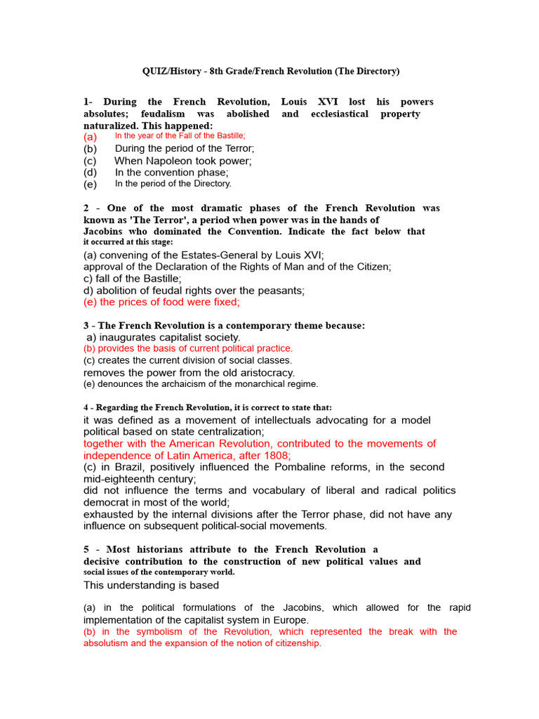 QUIZ - HISTORY - 8th Grade - French Revolution - Directory | PDF ...