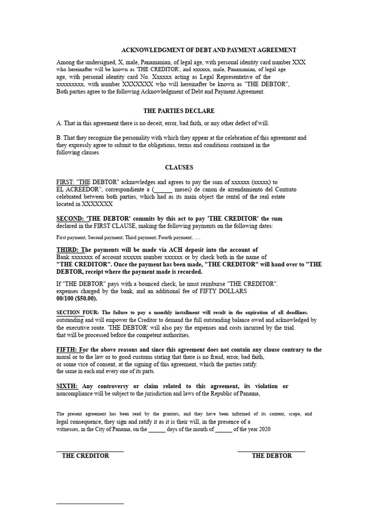Debt Acknowledgment and Payment Terms | PDF | Payments | Debtor