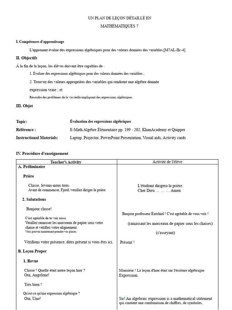Évaluation des expressions algébriques en 7e | PDF | Algèbre ...