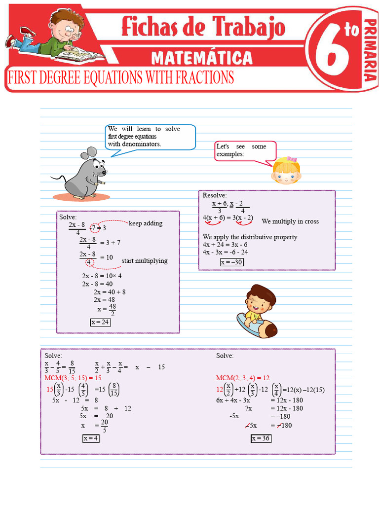 First Degree Equations With Fractions For Sixth Grade of Primary School ...