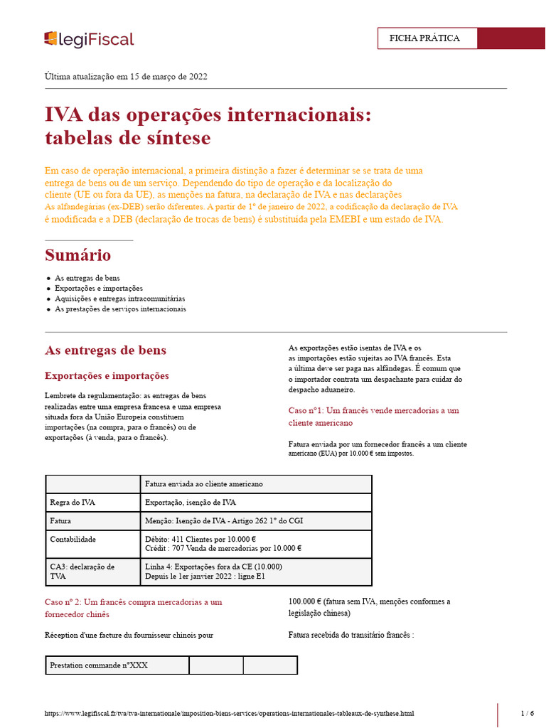 IVA Das Operações Internacionais Tabelas de Síntese | PDF | Imposto ...