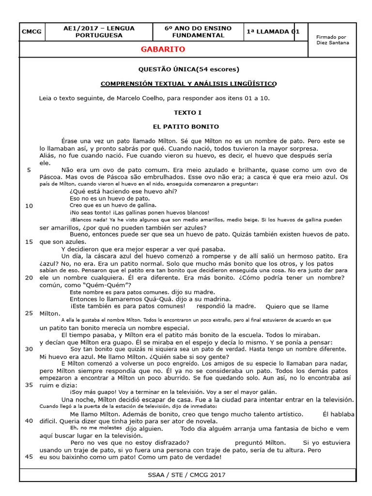 GABARITO_AE1_LENGUA PORTUGUESA_6AÑO_ | PDF | Narración | Verbo