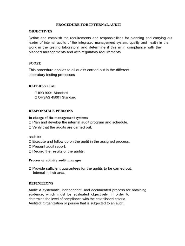 Procedure For Internal Audit | PDF | Audit | Internal Audit