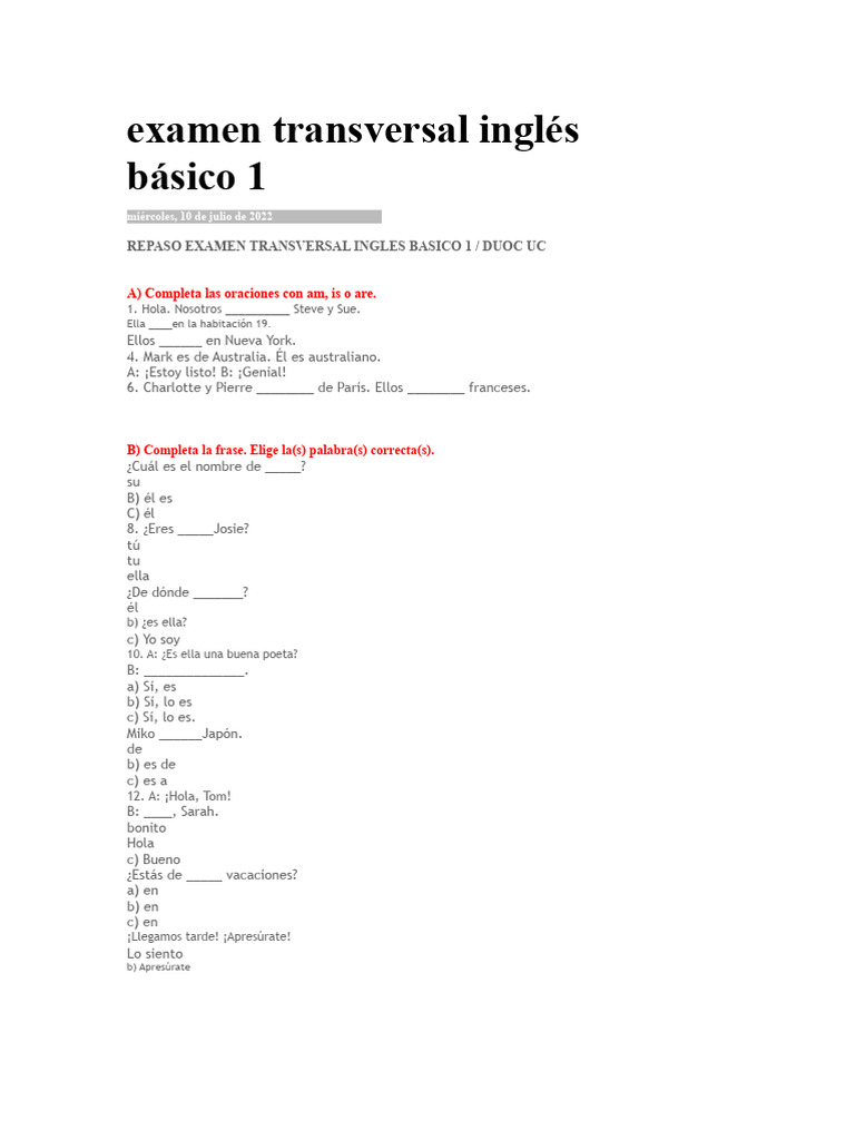 Examen Transversal Inglés Básico 1 | PDF | Almuerzo | Alimentos