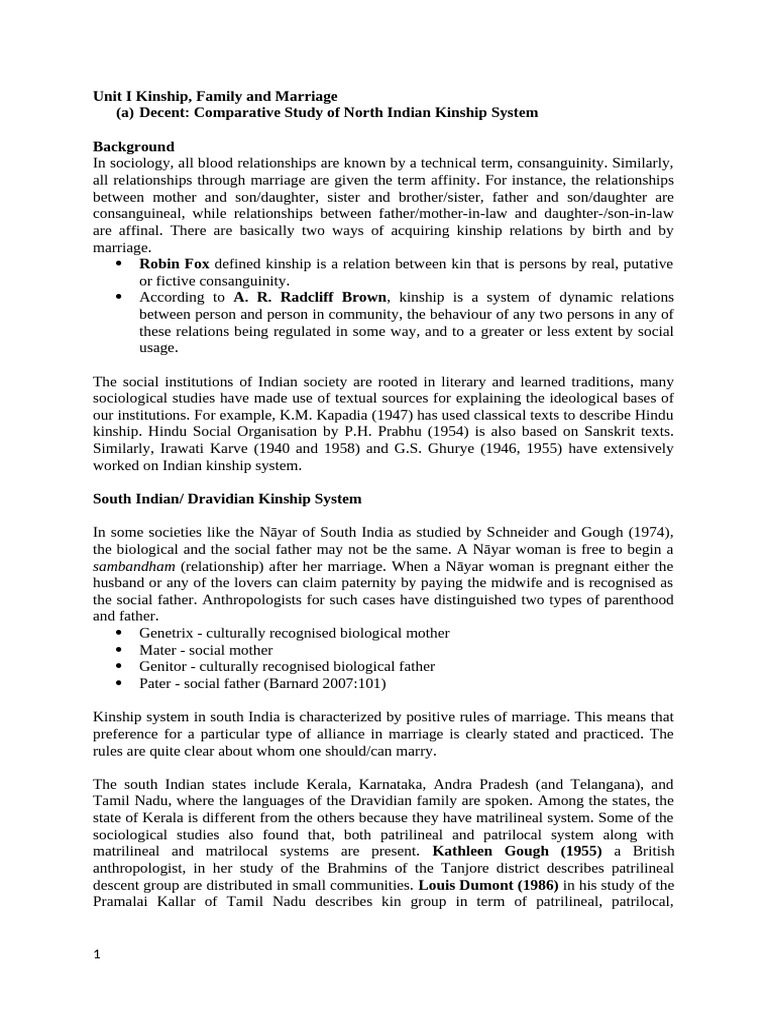 Unit I (A) North India and South India Kinship System (Part II) - 1 ...
