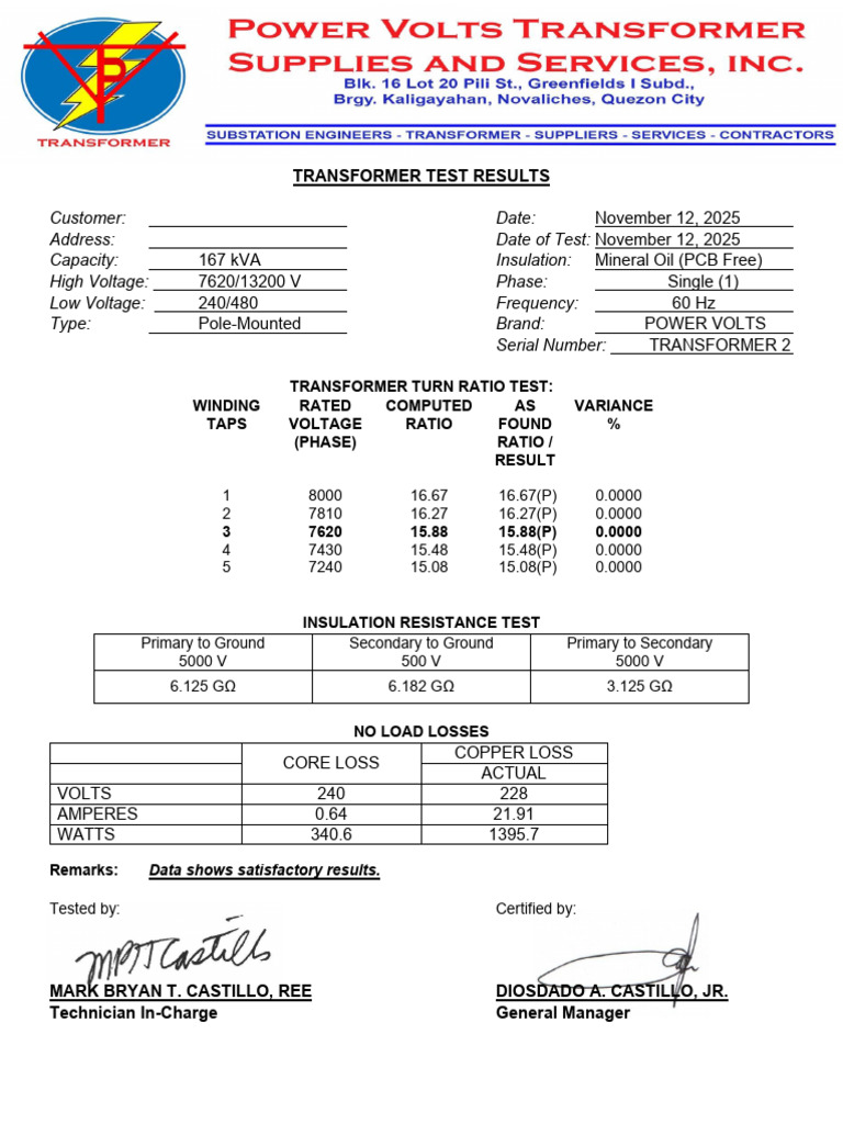 Pvt Test Results 167kva - T2 (SAMPLE TEST) - Pole Mounted | PDF ...