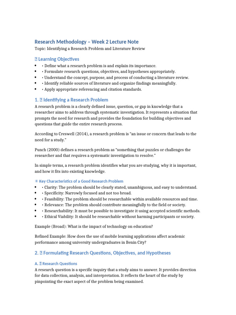 Week 2 Research Methodology Lecture Note | PDF | Hypothesis | Citation