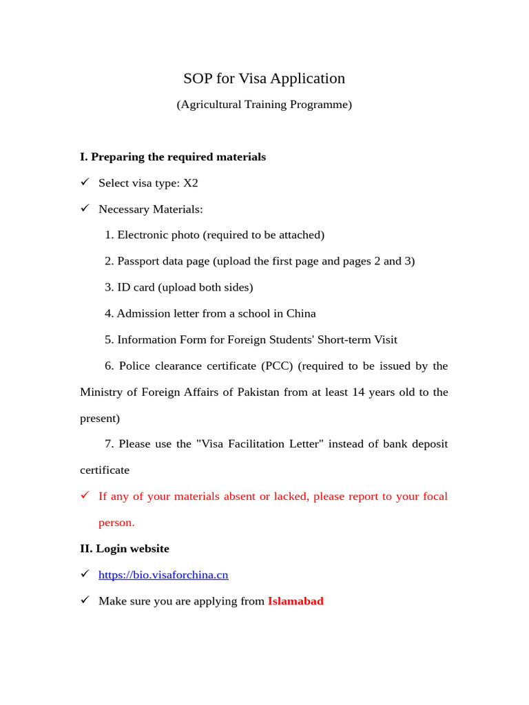 Visa Application SOP for China Program | PDF