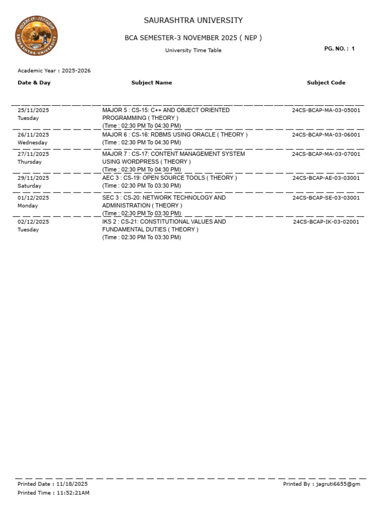 BCA Semester 3 Time Table 2025-26 | PDF