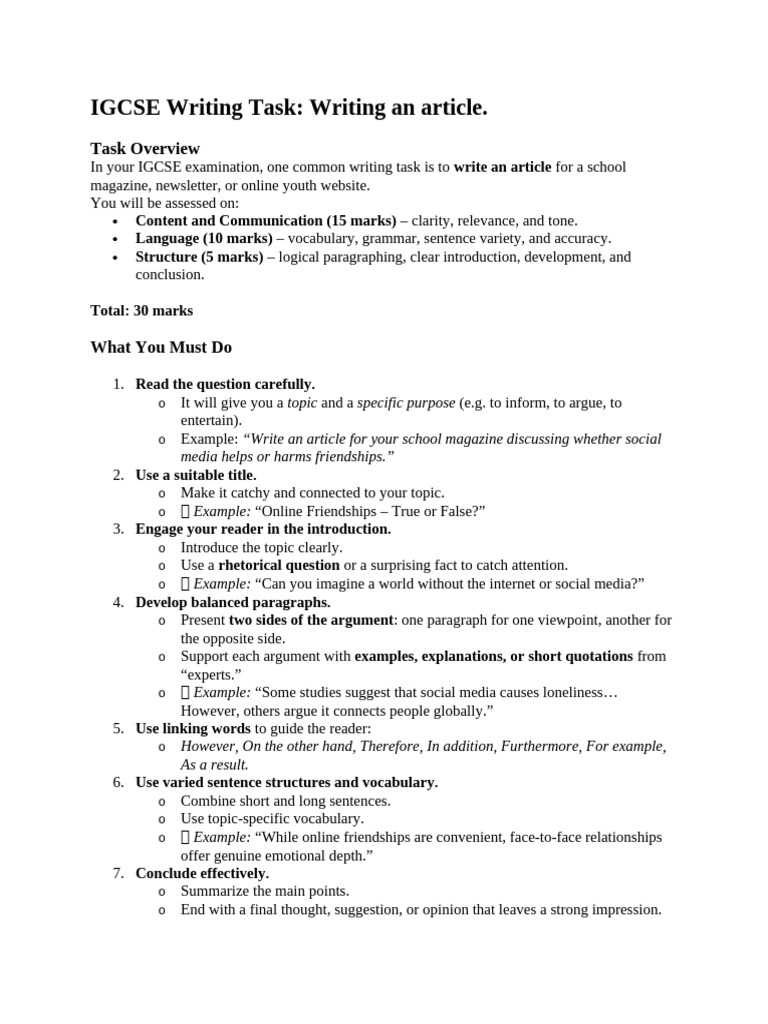 IGCSE Writing an Article | PDF | Argument | Vocabulary
