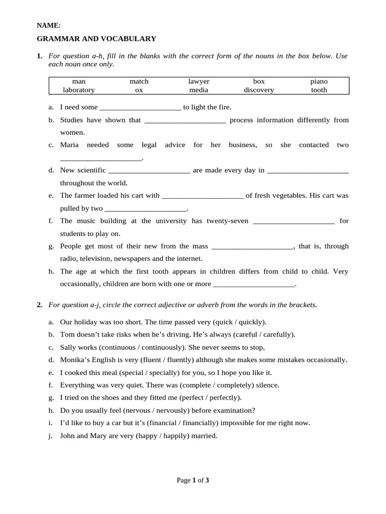 Grammar and Vocabulary Exercises | PDF | Linguistics | Languages