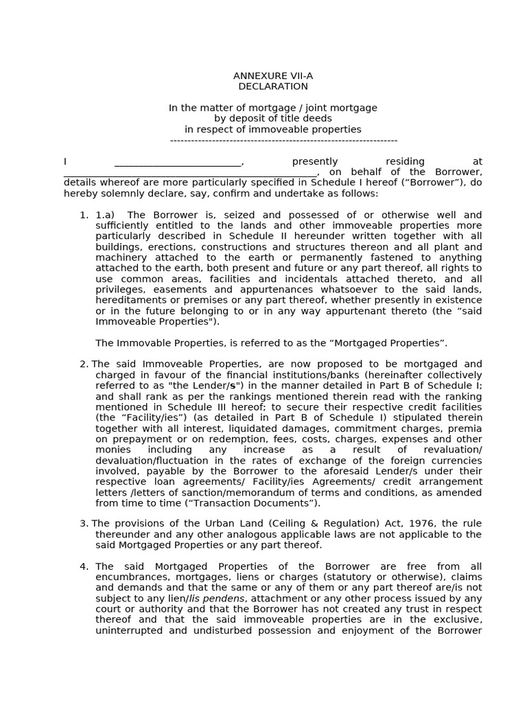 ANNEXURE VII a- Mortgage Declaration- Borrower Clean March 2023 (1) | PDF | Mortgage Law | Mortgages