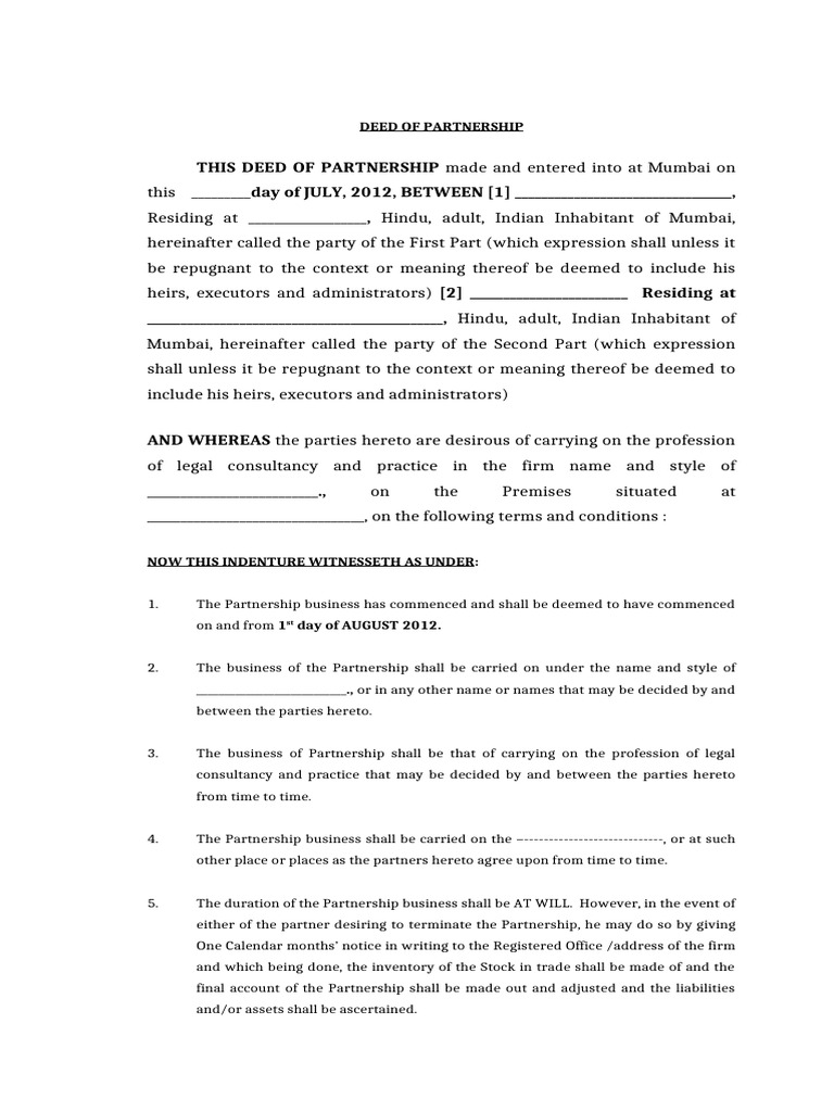 Legal Partnership Deed Template | PDF | Partnership | Inventory