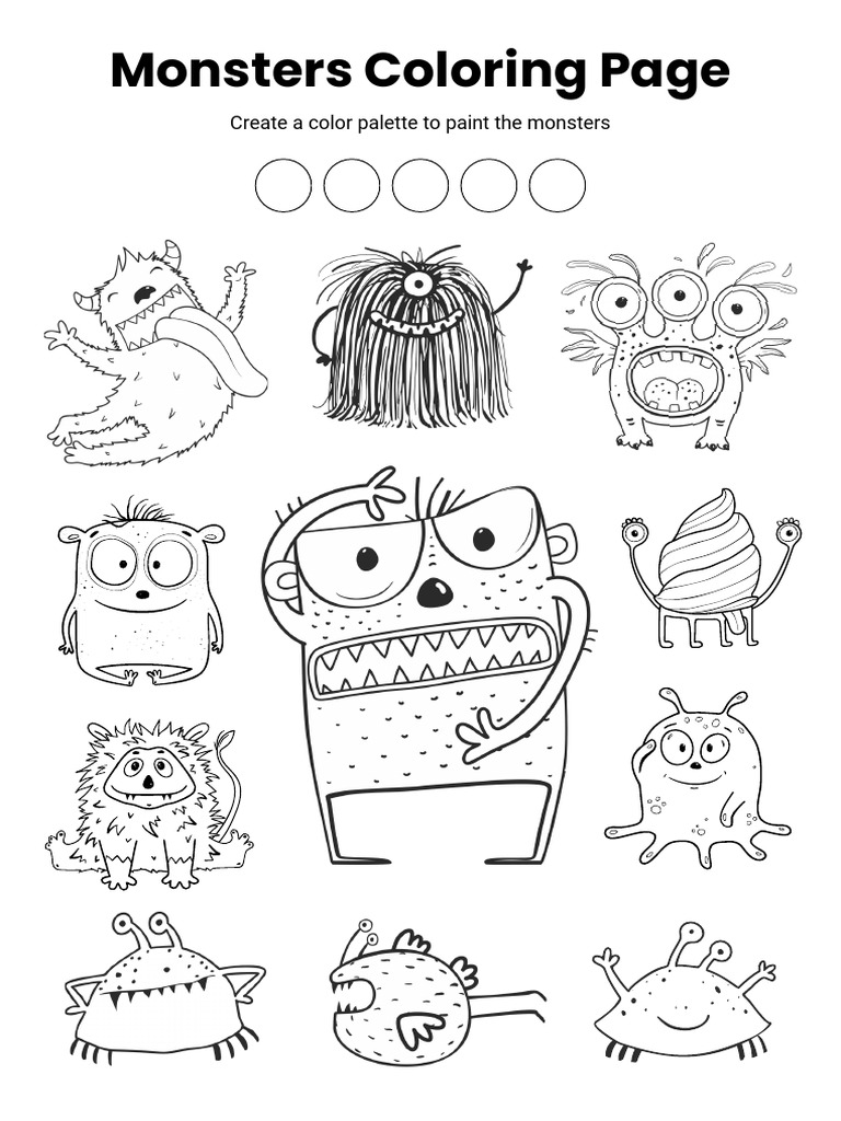 Monsters Coloring Page Worksheet in Monochromatic Simple Style | PDF