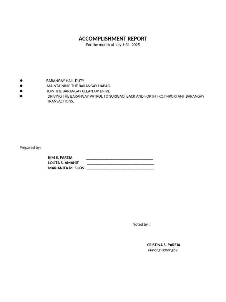 Accomplishment Report. 3 Jo Barangay | PDF