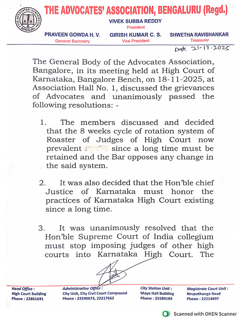 General Body Resolution 18th Nov 2025 -Aravinda Kamath P - GC Member Higi Court Unit | PDF