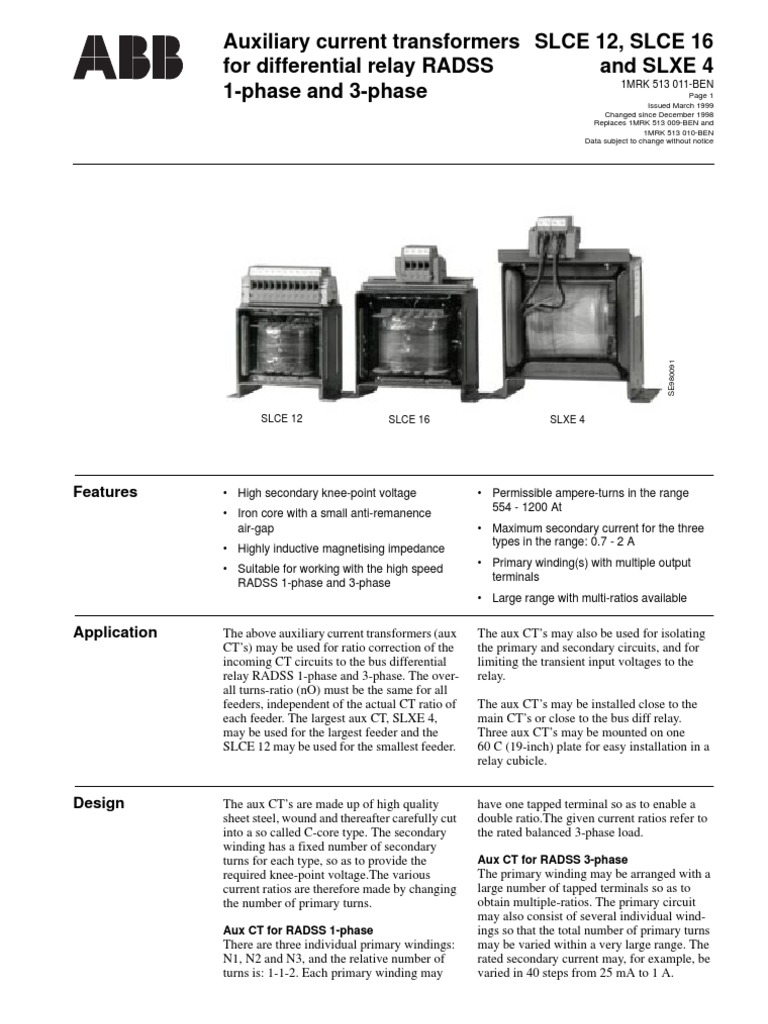 1mrk513011-Ben en Auxiliary Current Transformer For Radss 1-Phase and 3 ...