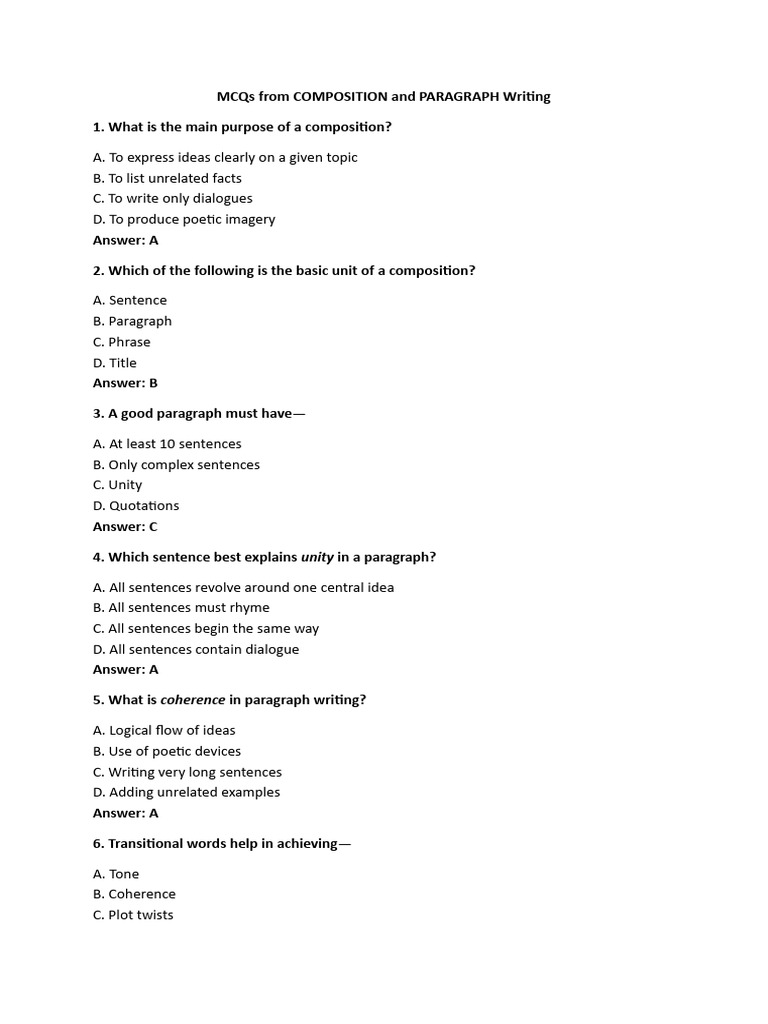 Mcqs From Composition and Paragraph Writing | PDF