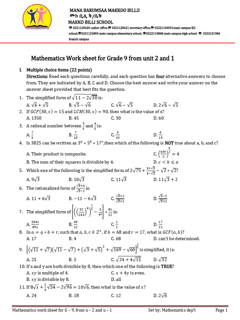 G 9 Maths Worksheet for Mid Exam (9) | PDF | Mathematics