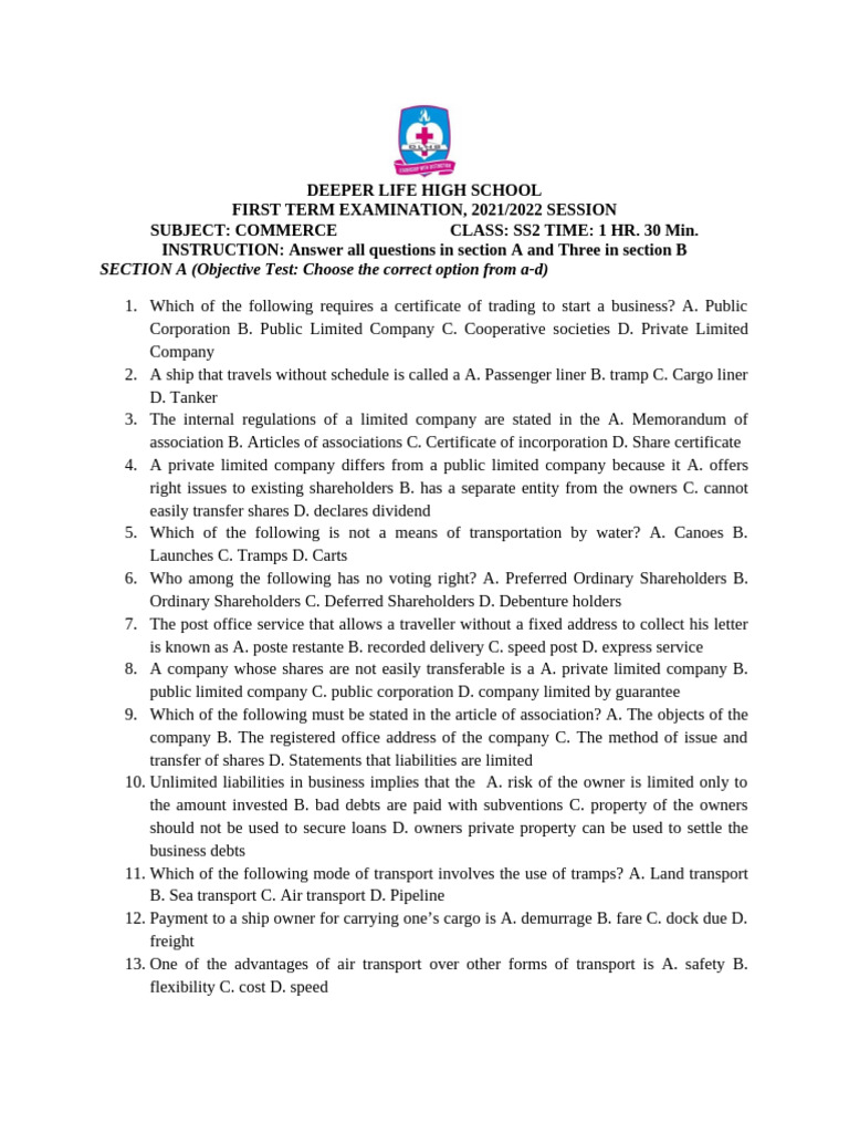 Ss 2 Commerce First Term Exam 2021-2022 | PDF | Transport | Companies