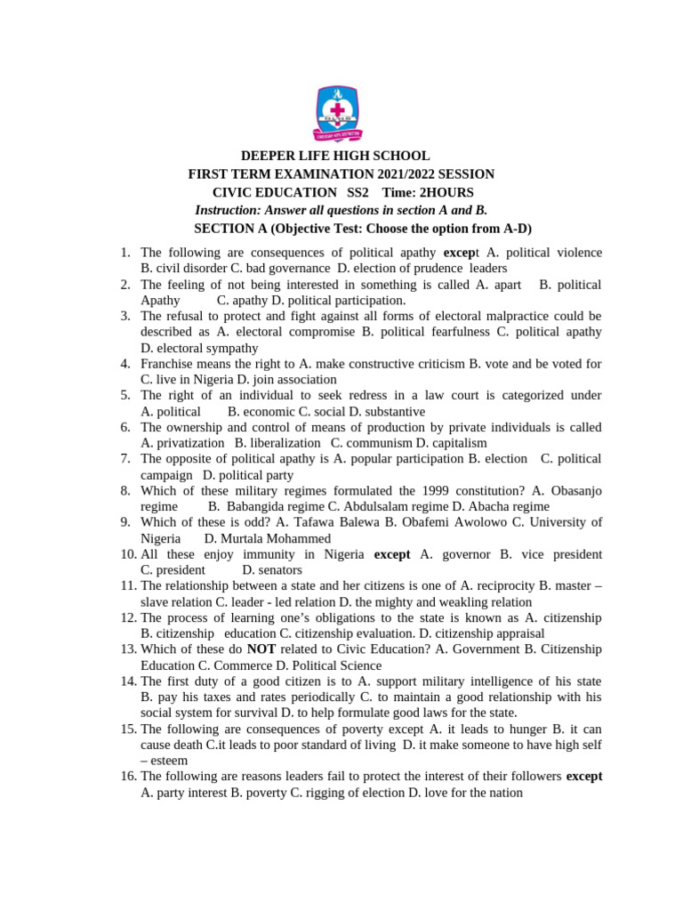 Civic Education Exam Questions SS2 | PDF | Elections | Democracy