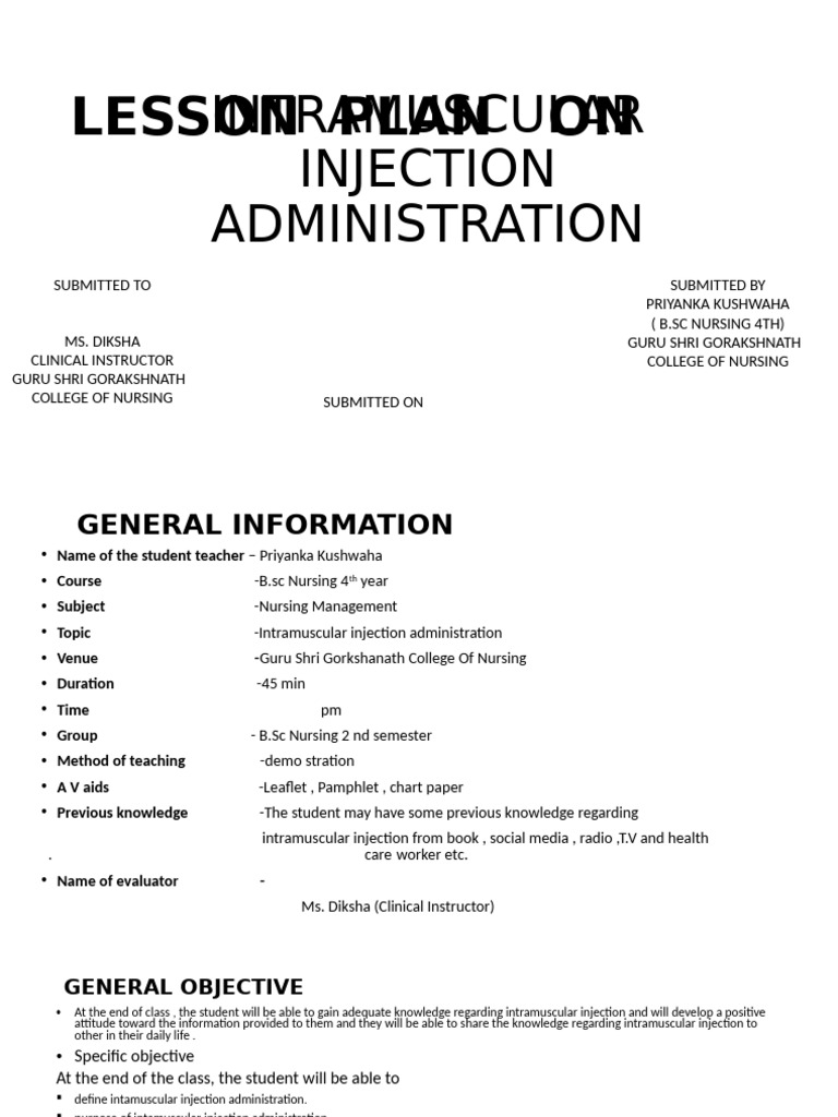 Intramuscular Injection Lesson Plan | PDF | Injection (Medicine) | Medicine