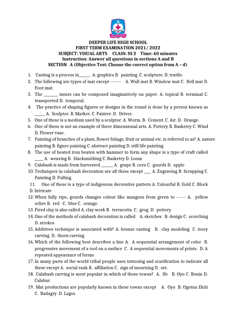 Visual Arts Exam Questions for SS2 | PDF | Weaving | Paintings