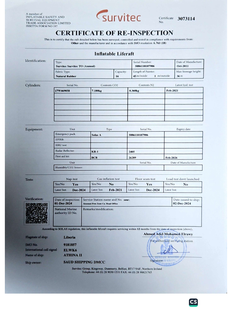 28. Certificate of Re Inspection Inflatable Liferaft (1) | PDF