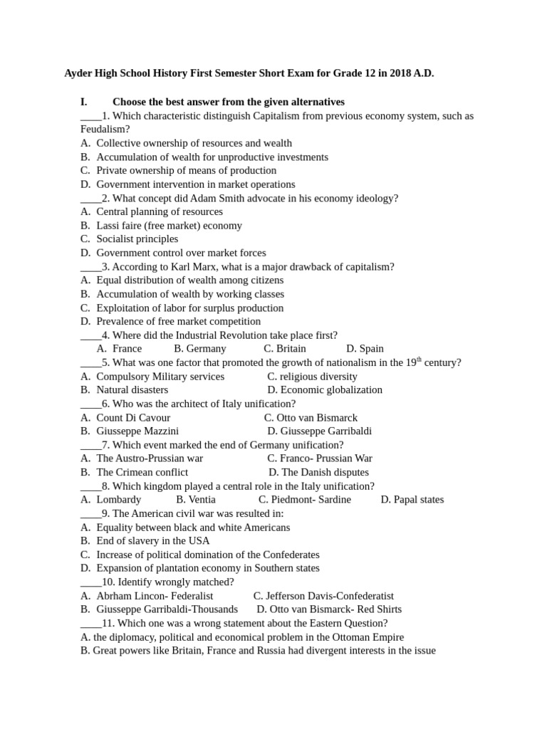 Ayder High School History Second Semester Short Exam for Grade 12 in ...