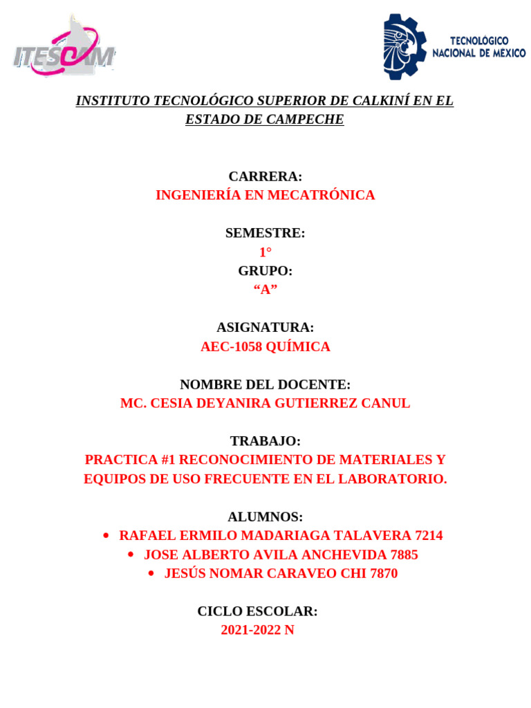 Practica #1 Reconocimiento de Materiales y Equipos de Uso Frecuente en El Laboratorio. | PDF ...