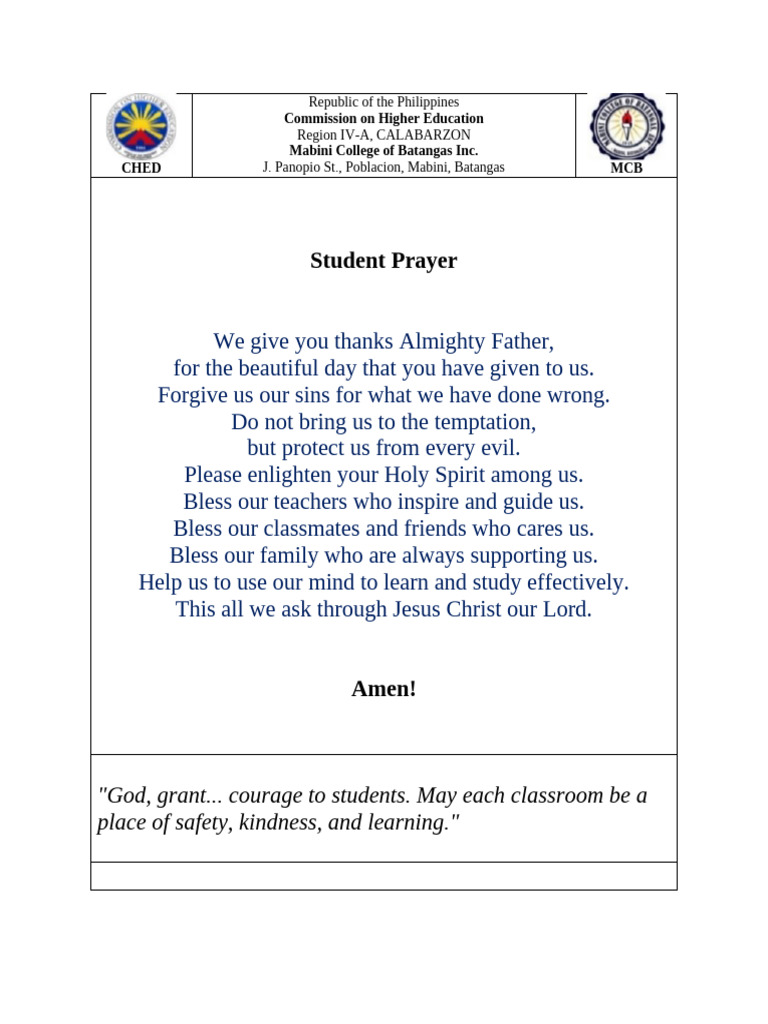 Student Prayer | PDF