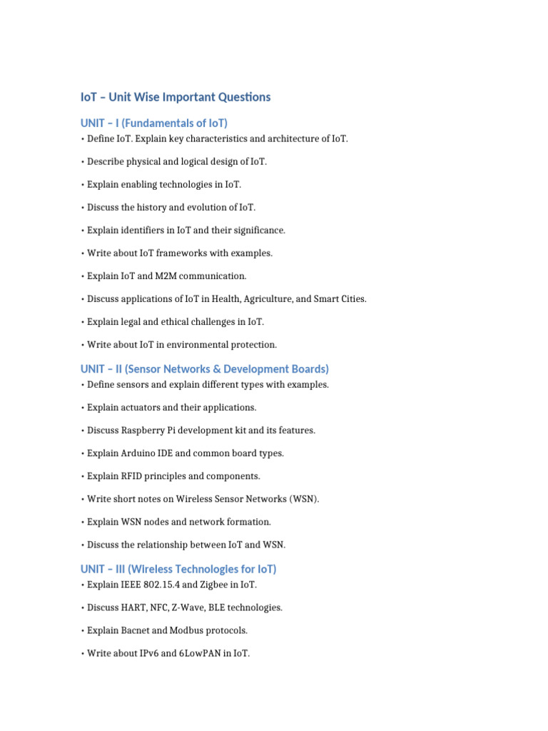 IoT Unit Wise Important Questions | PDF