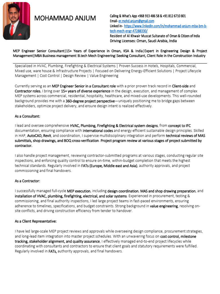 MEP Engineer Senior Consultant Mohammad | PDF | Oman | Project Management