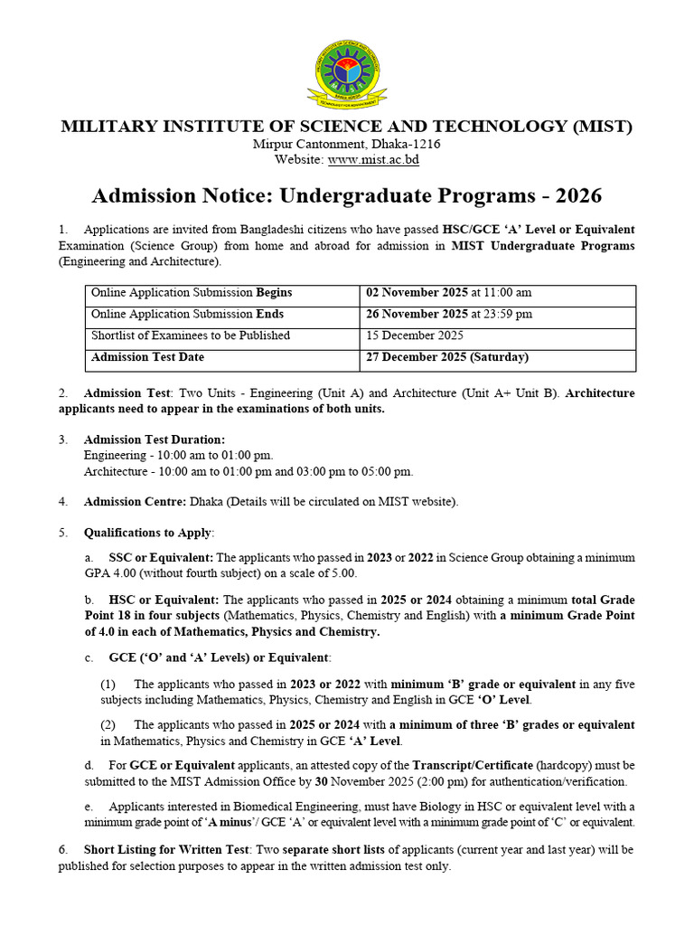 MIST Admission Notice-2026 (1) | PDF | Qualifications | Educational Stages