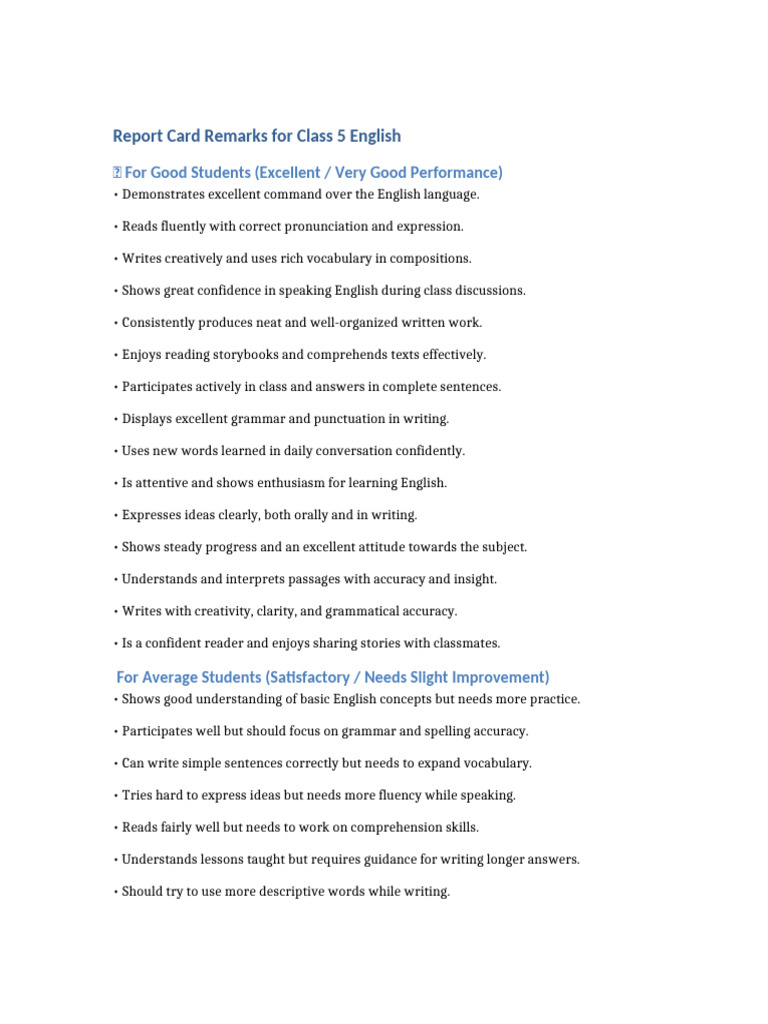 Class 5 English Report Card Remarks | PDF | Reading Comprehension ...