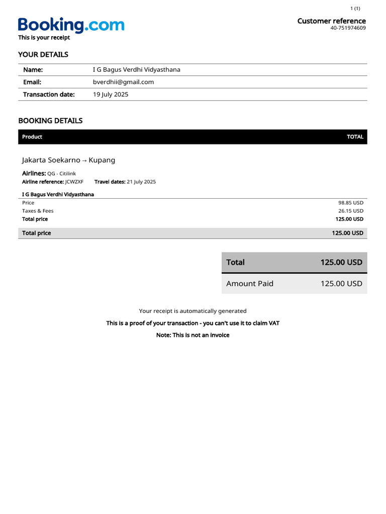 Receipt for Citilink Flight Booking | PDF