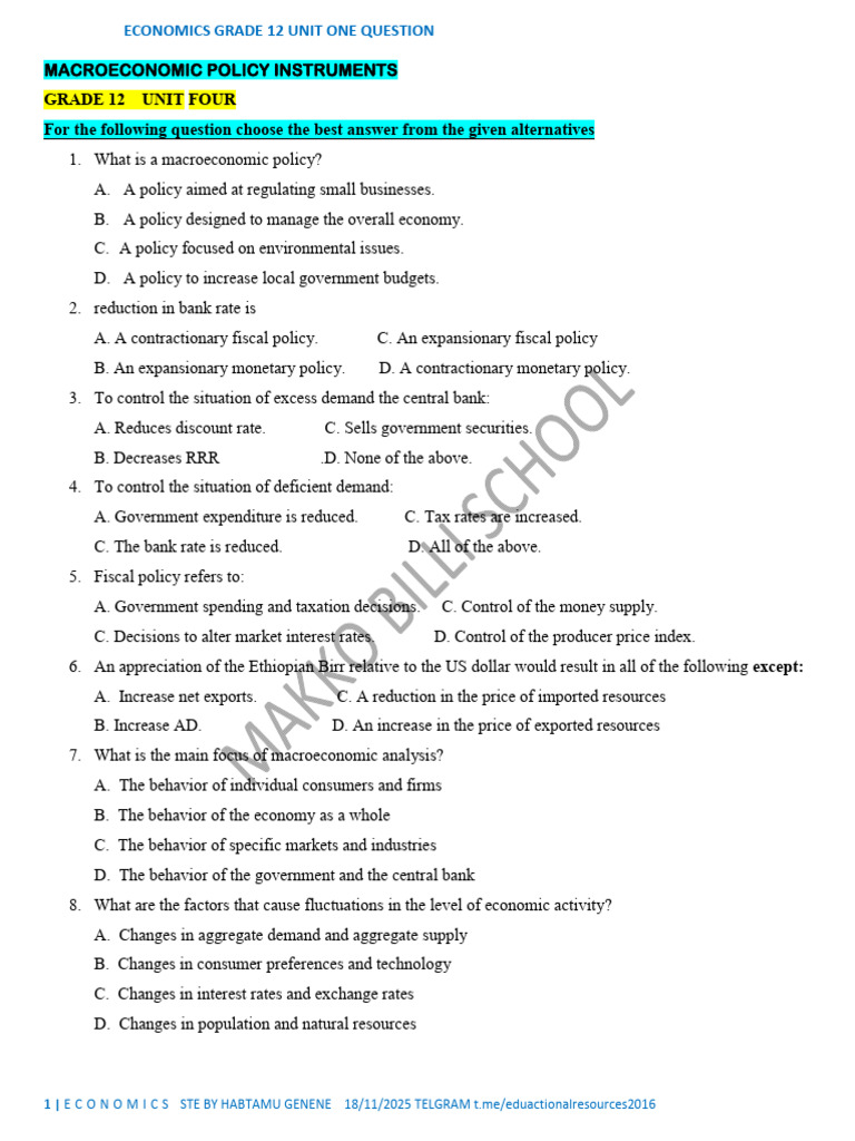 Grade 12 Macroeconomic Policy Quiz | PDF | Fiscal Policy | Monetary Policy