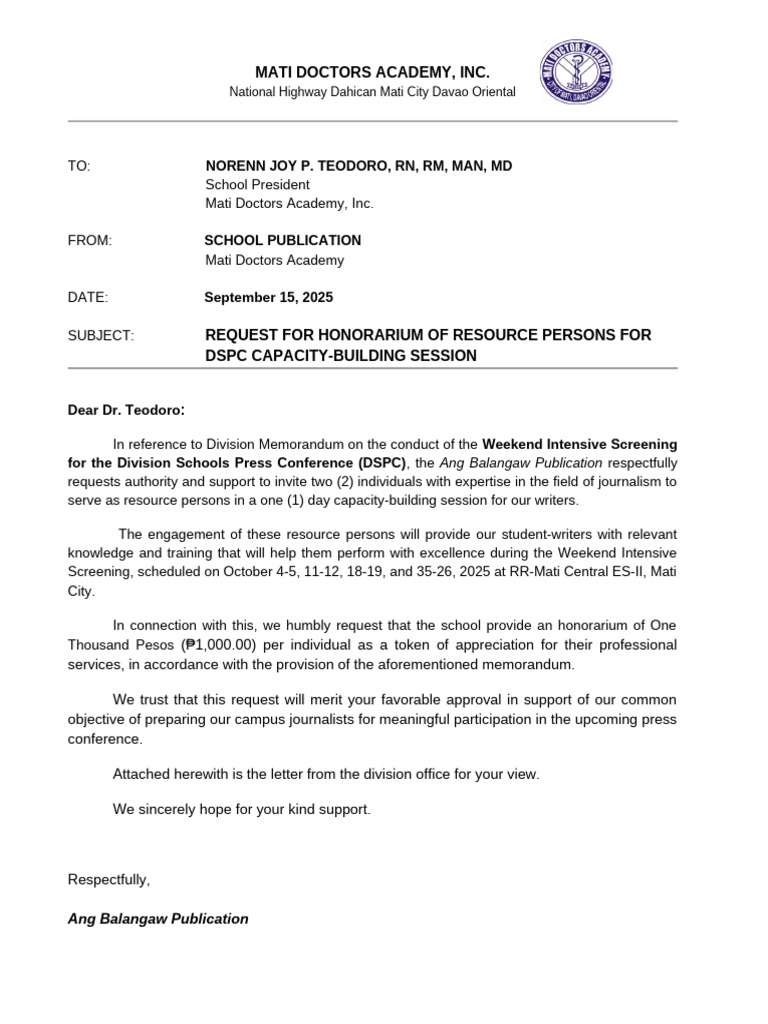 Request for Honorarium | PDF