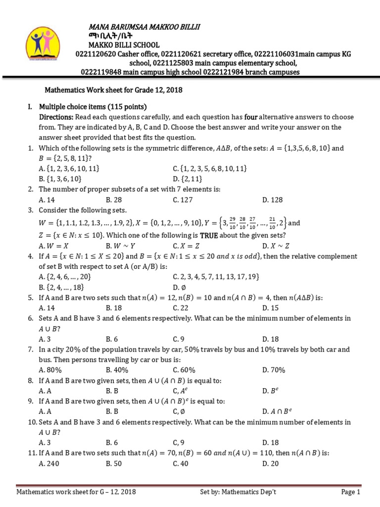 Grade 12 Mathematics Worksheet 2018 | PDF | Algebra | Mathematical ...